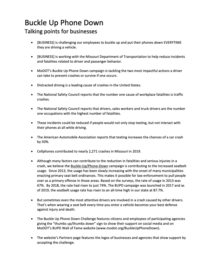 BUPD Talking Points for Businesses 2020 - Toward Zero Deaths